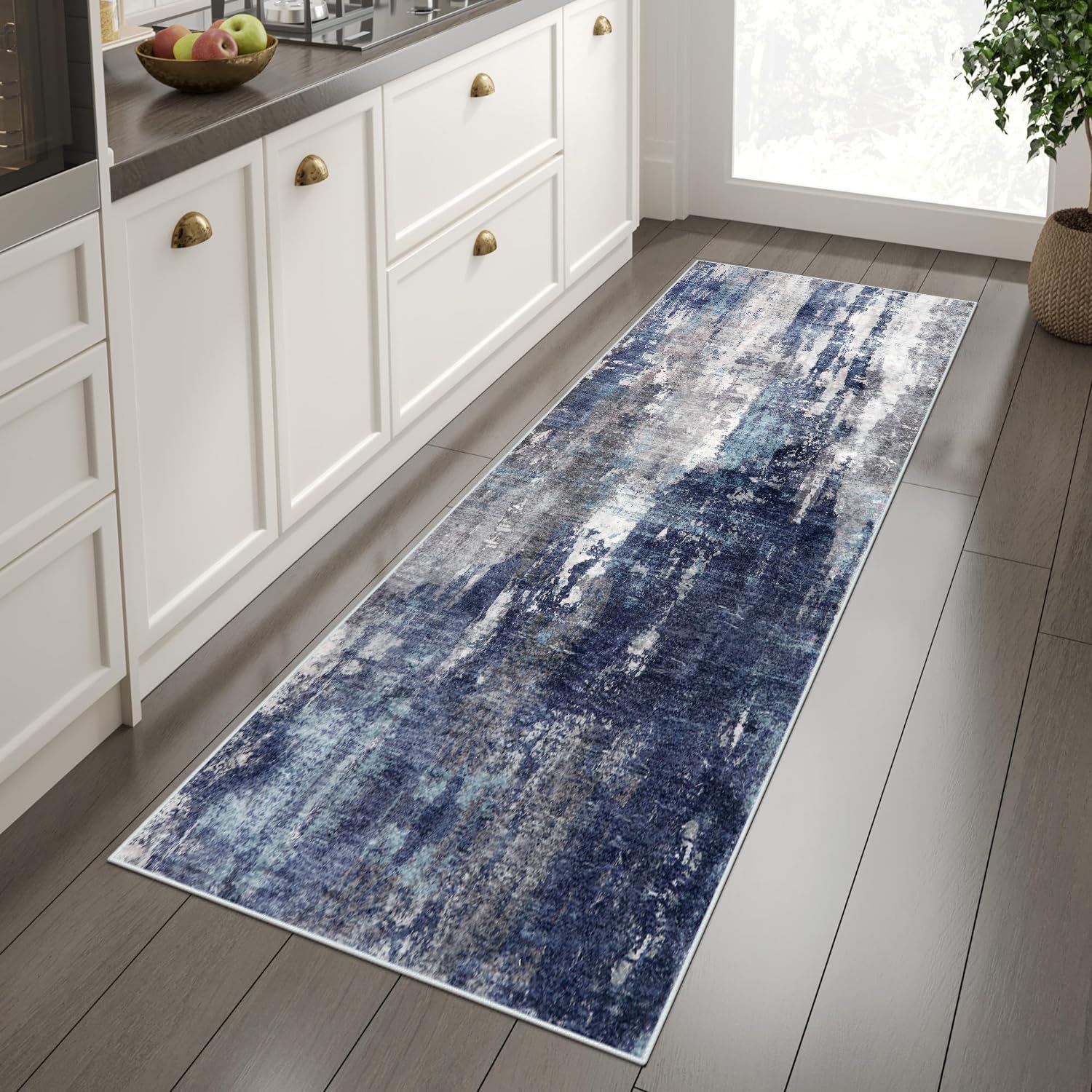 Uphome Washable Runner Rug, 2x6 Abstract Bathroom Runner Rug, Blue Soft Non-Slip Hallway Rug, Modern Neutral Aesthetic Indoor Rug for Kitchen Bedroom Porch