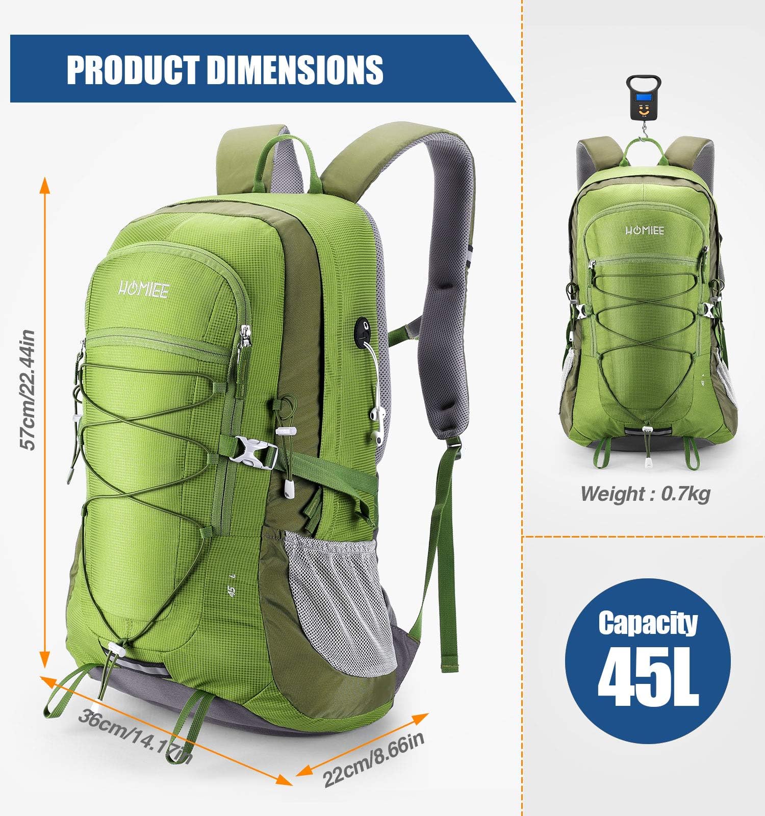 HOMIEE 45L Hiking Backpack Lightweight Travel Backpack Outdoor Camping Daypack for Men Women