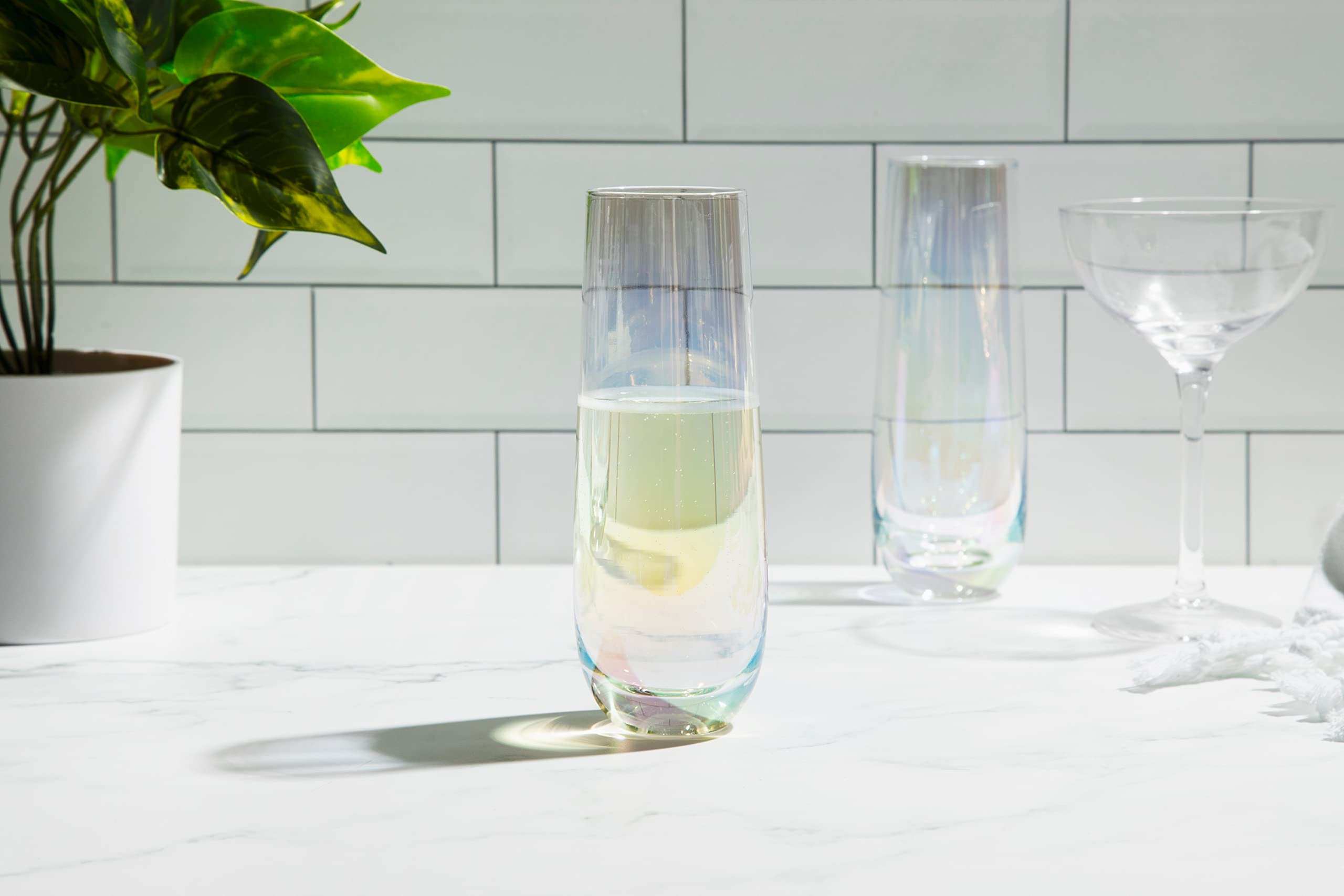 KooK Stemless Iridecent Champagne Flutes, Durable Glass, Great for Mimosa, Cocktails, Toasting Weddings Glasses, 9.4 oz, Set of 8