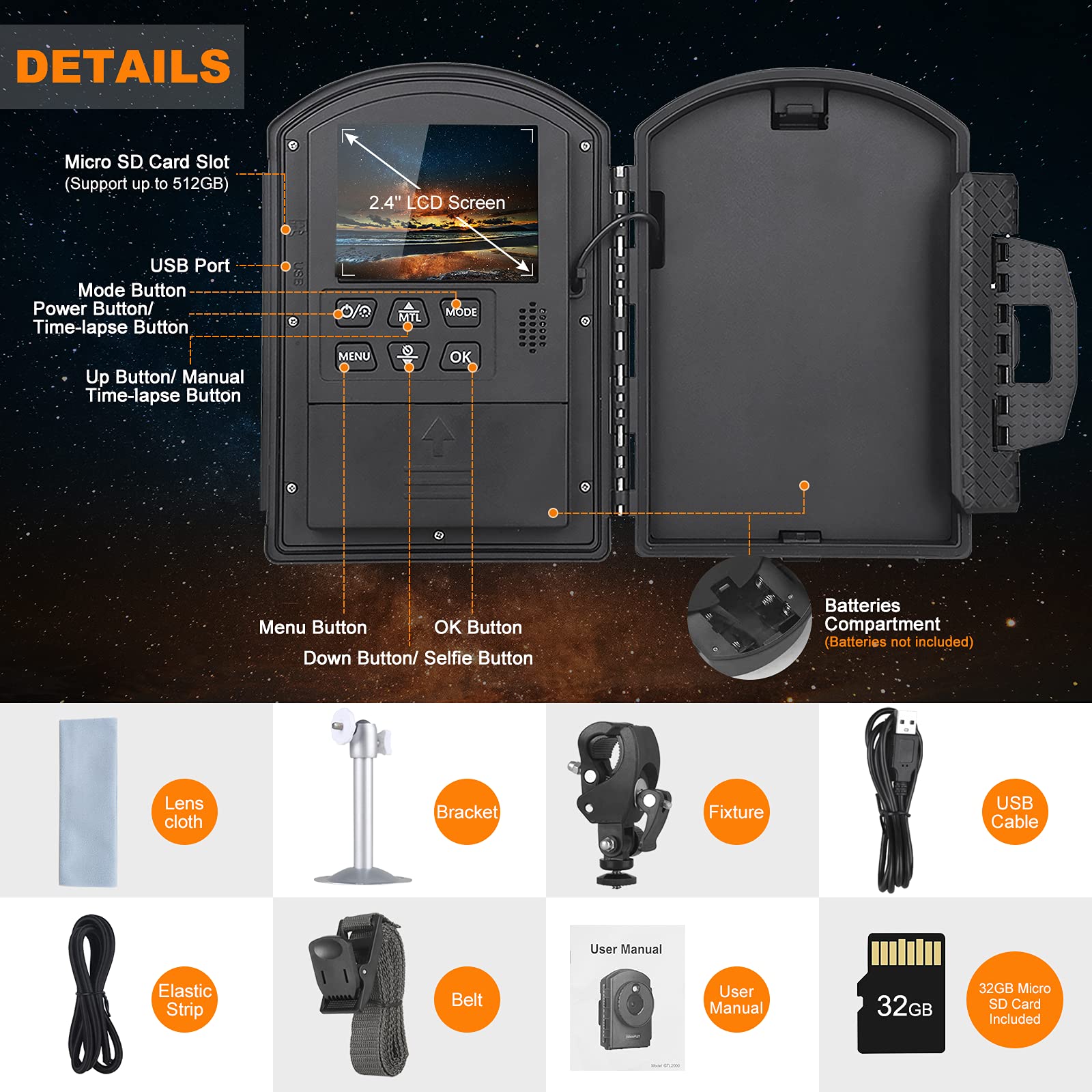 GOWWPUN Time Lapse Camera Construction - Outdoor Security Timelapse Camera Perfect for Construction Outdoor,Working at Home,School,Tourism Record,2.4''LCD,120° Angle View,IP66 Waterproof
