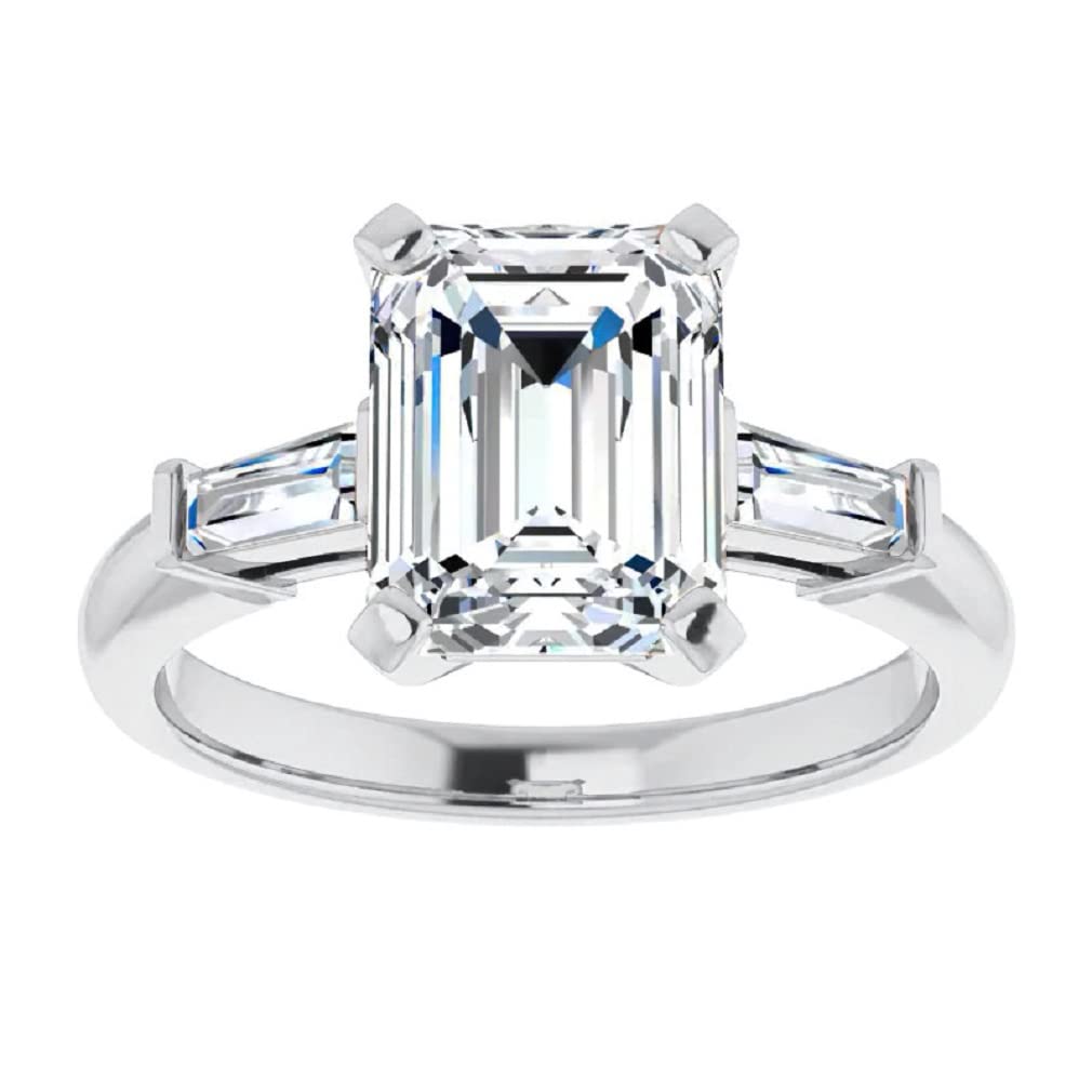 Moissanite Handmade Engagement Ring 2 CT Emerald Cut Moissanite Solitaire Diamond Wedding Ring Set for Women Propose Gifts VVS Colorless (14K Solid White Gold)
