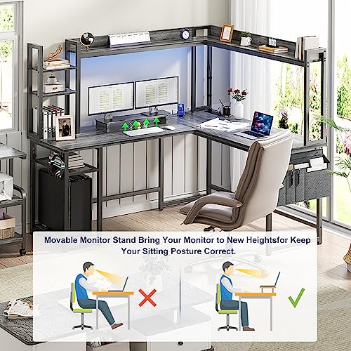 Aheaplus L Shaped Desk with Power Outlet, L Shaped Gaming Desk with Led Light & Hutch, Reversible Home Office Desk, Corner Computer Desk Writing Desk with Monitor Stand & Storage Shelves, Grey Oak