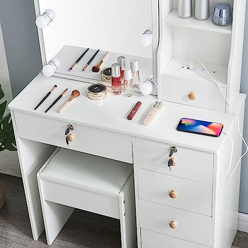 Vanity Table Set with Powewr Outlet & Mirror, White Modern Vanity Desk with 10 LED Lights, Makeup Vanity with 5 Drawers and Cushioned Stool, Makeup Dressing Table Dresser for Girls Bedroom