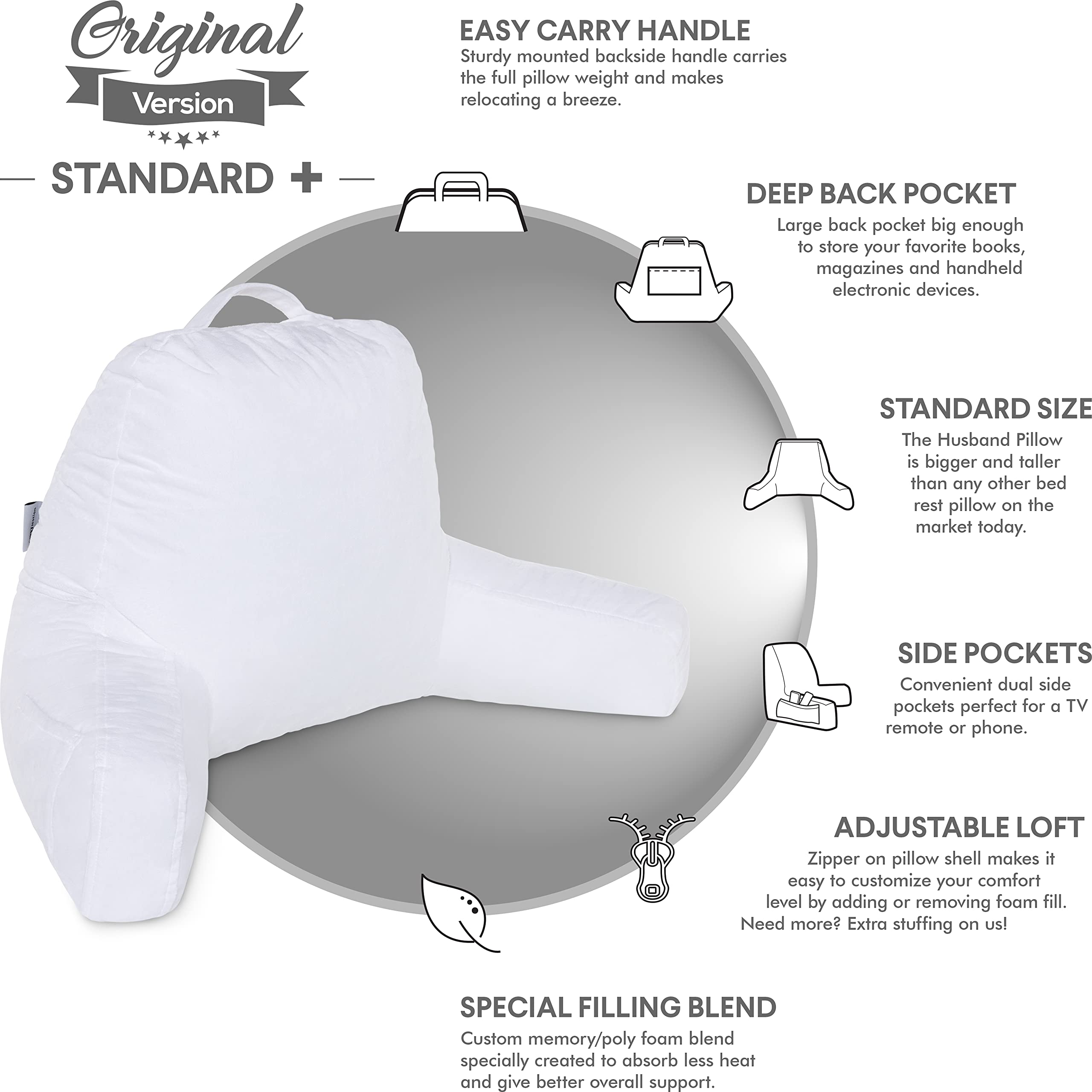 Husband Pillow Combo - Backrest Pillow with Arms : Standard White & Lap Desk Bed Tray : Pink - Memory Foam Reading Pillows for Bed & Laptop Bed Tray Table