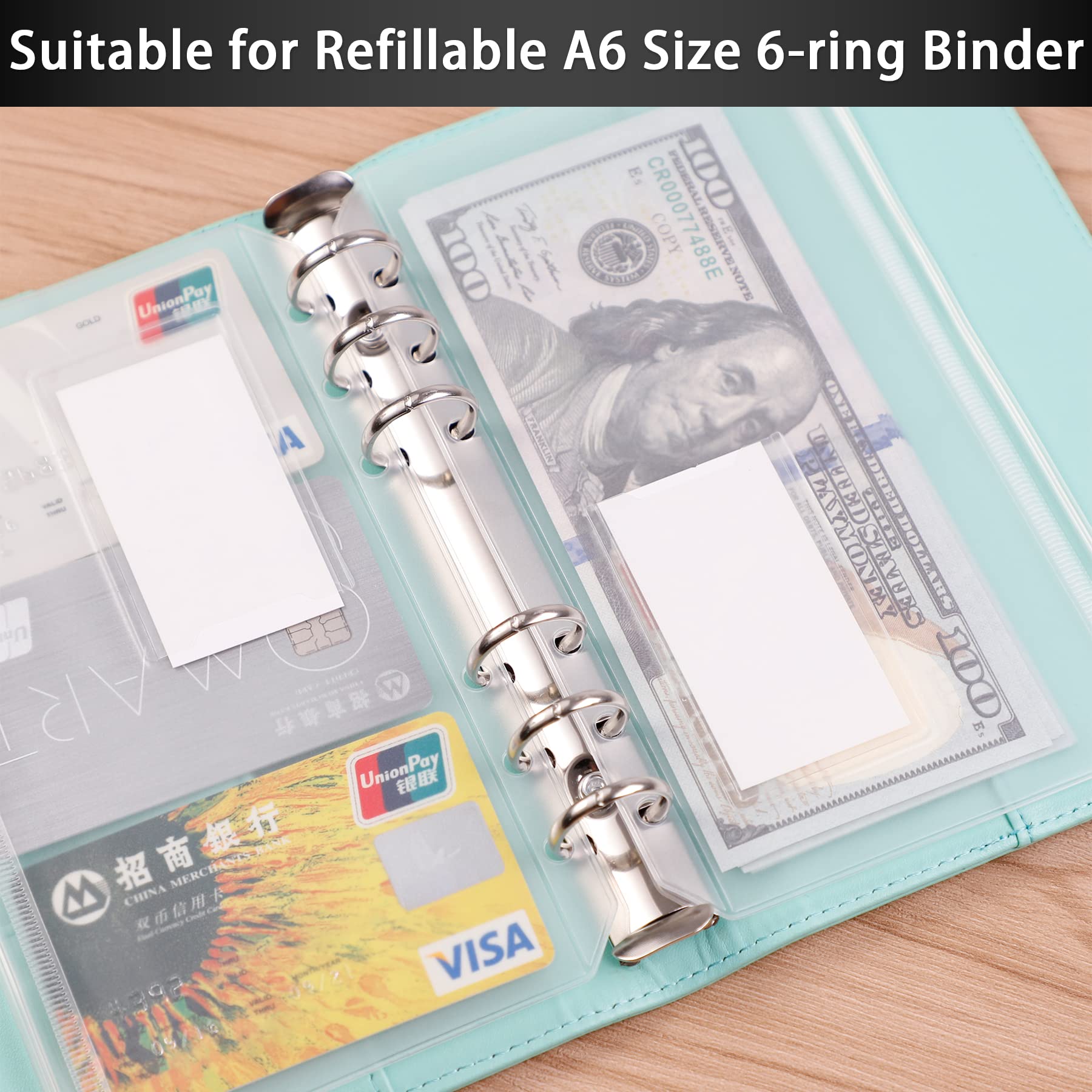 HAUTOCO 24PCS A6 Cash Envelopes with Label Pocket, Zipper Envelopes for Budgeting, Money Envelopes for Cash Saving, Clear PVC A6 6-Holes Binder Pockets Document Pouch Folder for A6 Notebook Binder