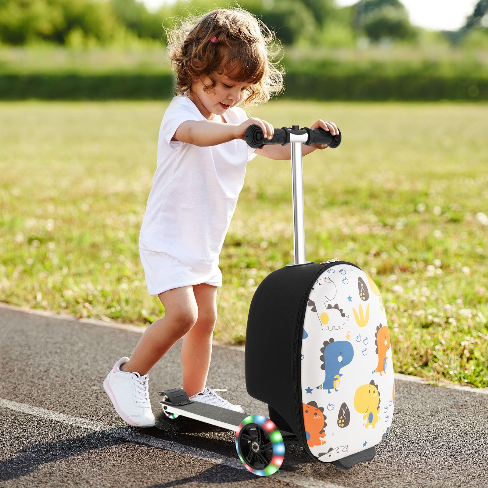 Goplus 2-in-1 Ride On Suitcase Scooter for Kids, 20ββ Carry on Luggage with LED Flashing Wheels, Waterproof Shell, Retractable Steering Handle, Lightweight Folding Scooter for Boys Girls (Dinosaur)