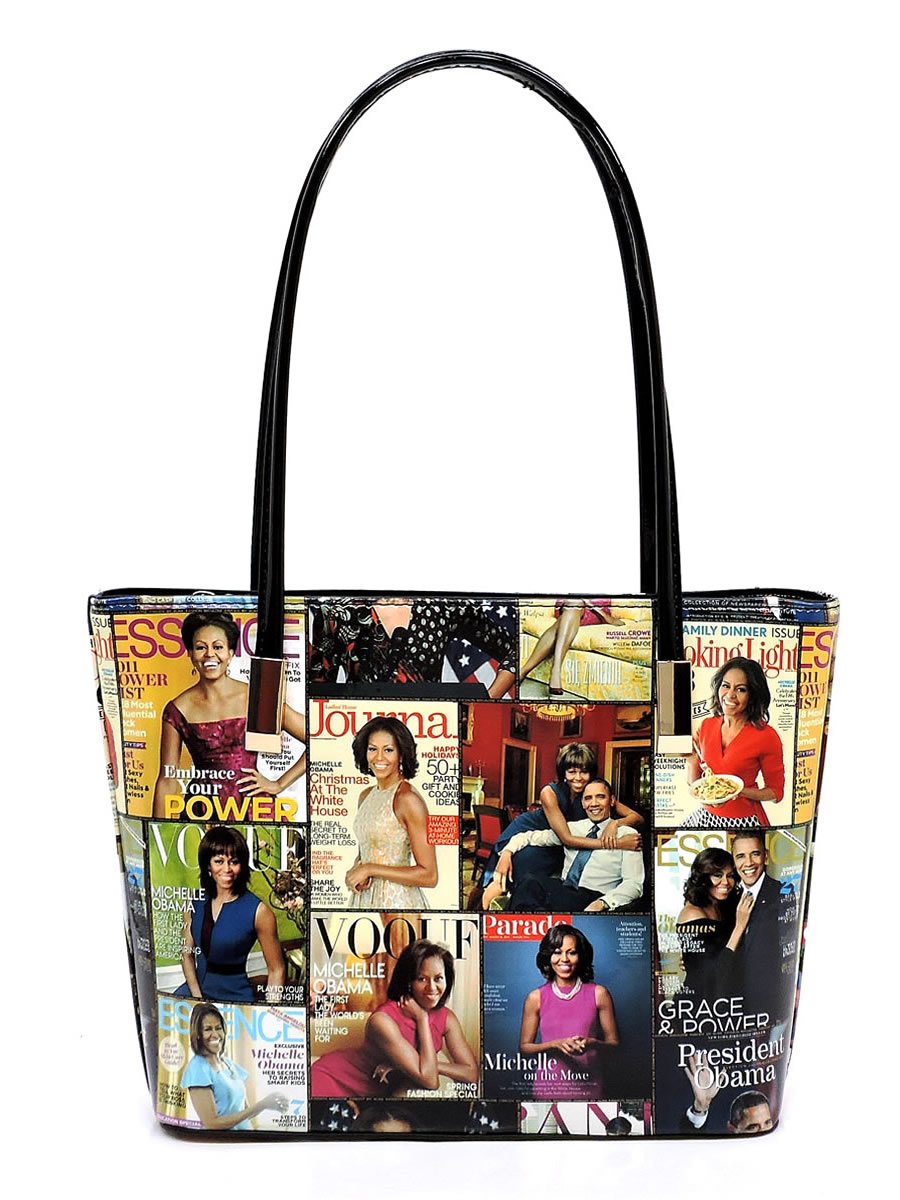 Glossy Magazine Cover Collage 3-in-1 Shopper Tote Bag Wallet Set Michelle Obama Handbag (9-Multi/Black)