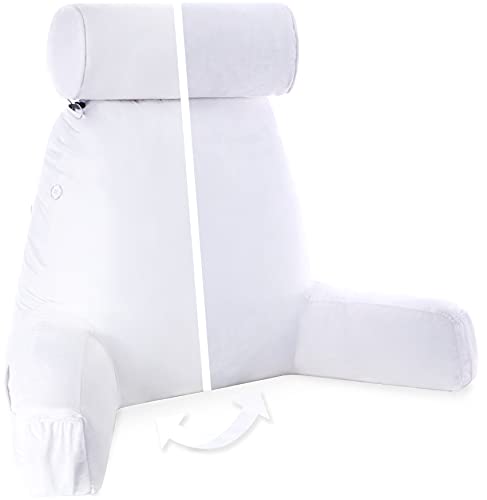 Husband Pillow Combo - Backrest Pillow with Arms : Medium White & Lap Desk Bed Tray : Brown - Aspen Memory Foam Reading Pillows for Bed w/Removable Neck Roll & Laptop Bed Tray Table