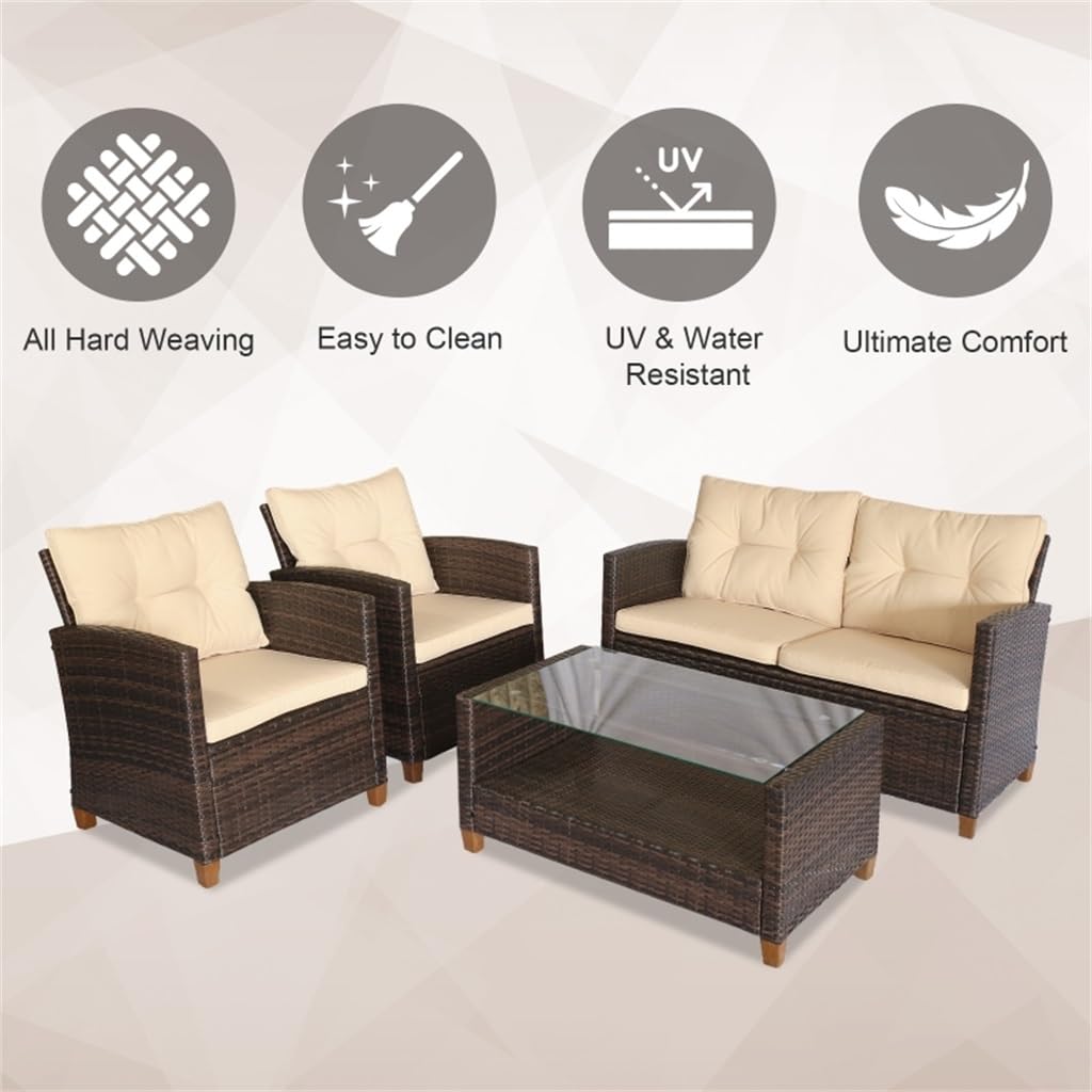 FZZDP 4 Piece Patio Furniture Set Outdoor Wicker Loveseat Sofa & Chairs,with 2-Tier Glass Coffee Table Cushions