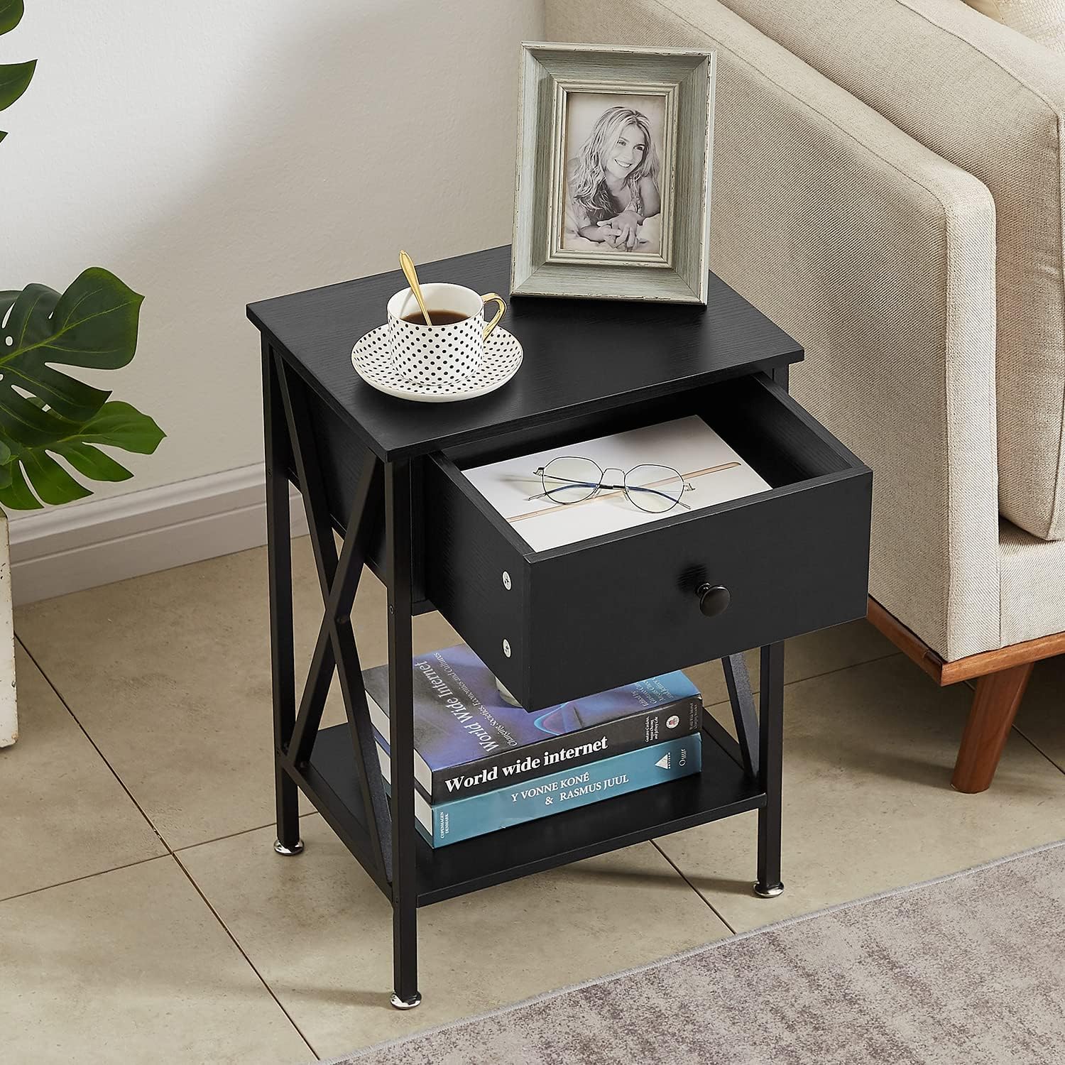 VECELO Nightstands, Modern End Side Tables,Night Stand with Drawer &Storage Shelf for Bedroom Living Room Lounge