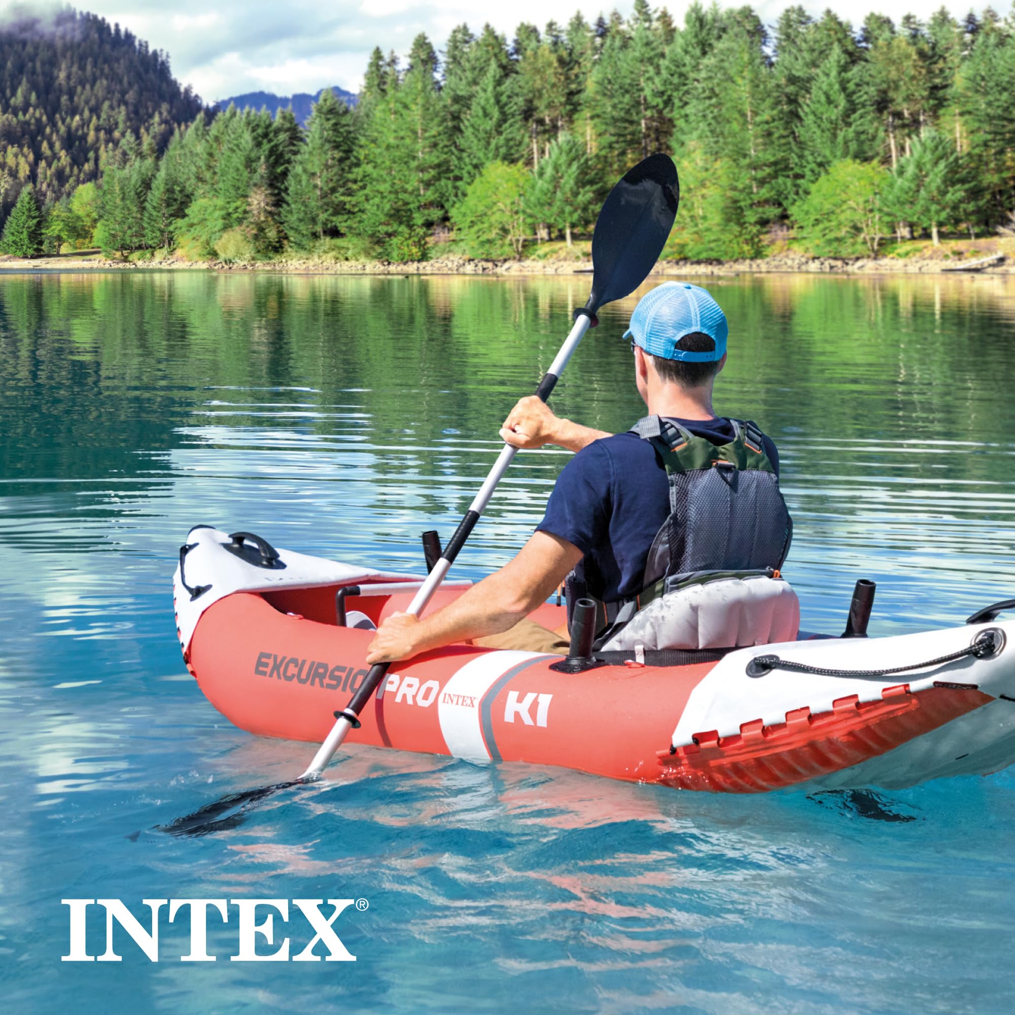 INTEX 68303EP Excursion Pro K1 Inflatable Kayak Set: Includes Deluxe 86in Kayak Paddles and High-Output Pump β SuperTough PVC β Adjustable Bucket Seat β 1-Person β 220lb Weight Capacity