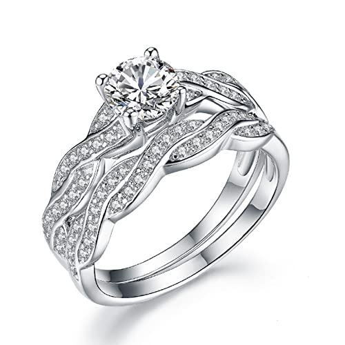 KIOYDISE Platinum-Plated Sterling Silver Infinite Elements Zirconia Round-Cut Ring Set Antique Style Ring Set 2 Pack Spinner Ring Set for Women Friends (White, 7)