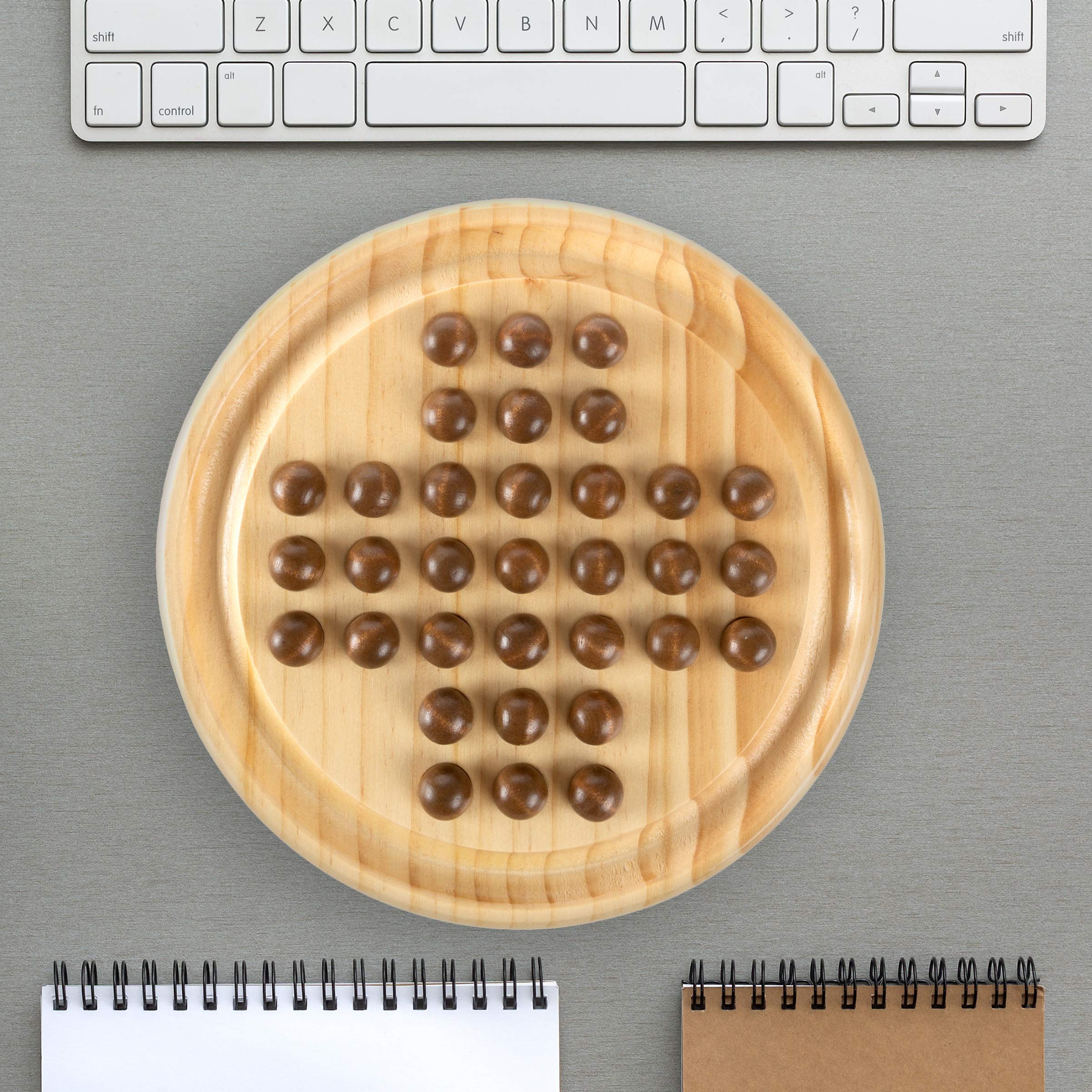 Hey! Play! Wooden Solitaire Board Game- Complete Set with Board and 33 Wood Marbles-Fun Vintage Style 1 or 2 Player Activity for Kids and Adults , Brown