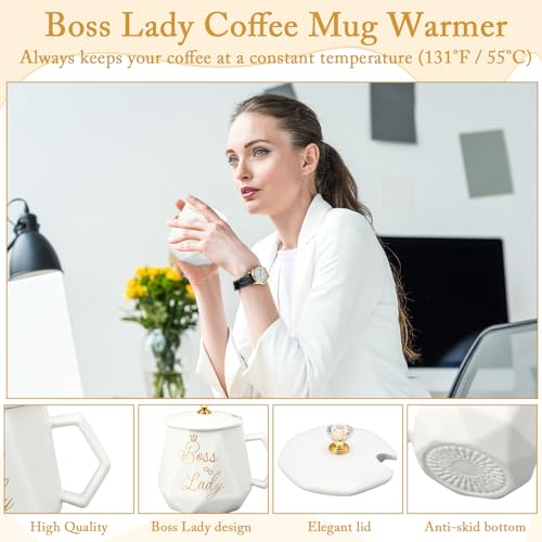 Hushee Lady Coffee Mug Warmer for Women 13.5 Oz Cup Warmer with Mug Set Electric Tea Water Warmer Appreciation Cup Heater with Lid Spoon and Coaster for Desk Office Home Birthday Gifts (White)