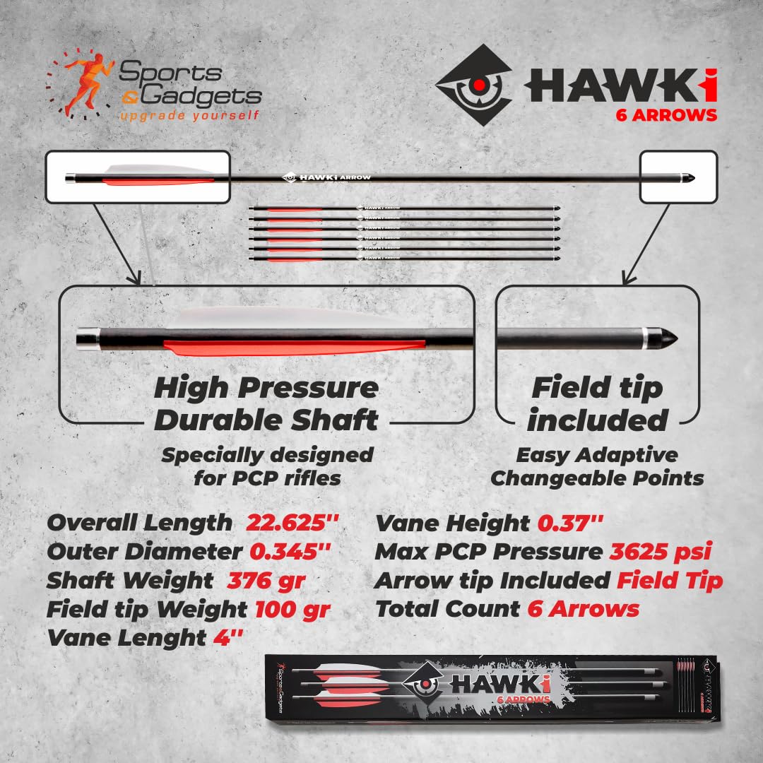 Hawki Carbon Arrow PCP 376gr 12 Arrows Bolts with 100 gr Field Tip for Hunting PCP Air Guns or Crossbows with Free 12 Pack Arrow Tail Nock