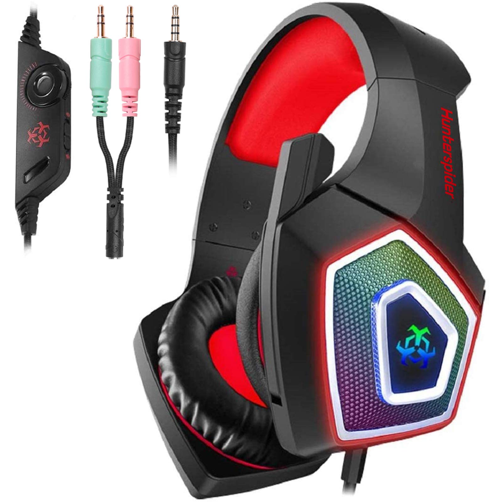 Hunterspider PS4 Gaming Headset, Gaming Headphones with Microphone, Noise Cancelling Stereo 7.1 Surround Sound Headset with Mic for Xbox PC, Unique 7 RGB Light.