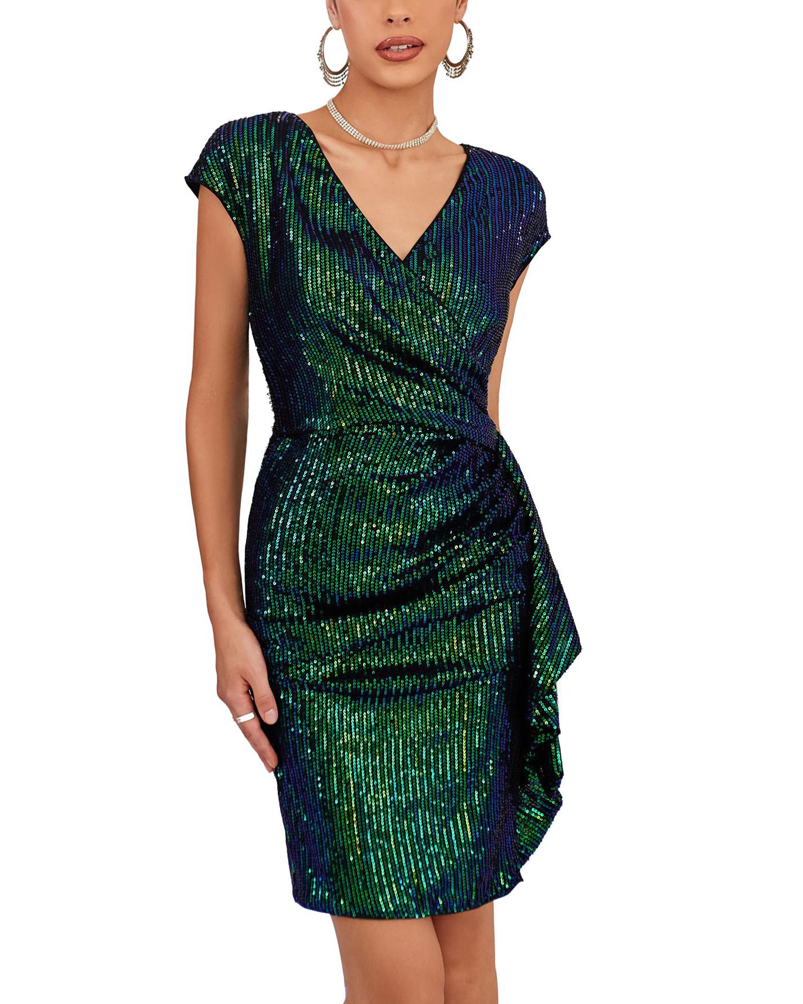 GRACE KARIN Women's Sexy Sequin Dress Short Sleeve Wrap V-Neck Cocktail Dresses Green XXL