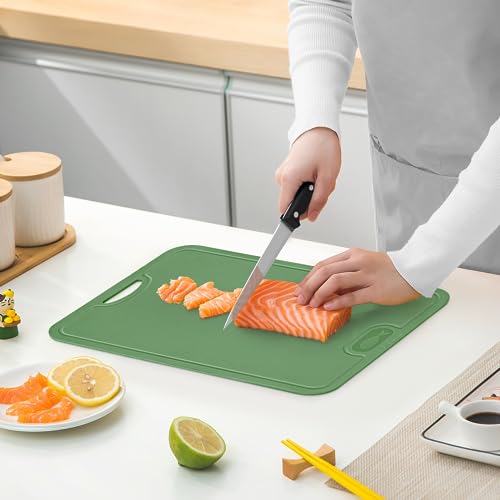 Gintan Flexible TPU Cutting Board with Knife and Juice Groove, BPA Free Flexible Chopping Boards for Kitchen Dishwasher Safe Easy Grip Handle(Dark Green)