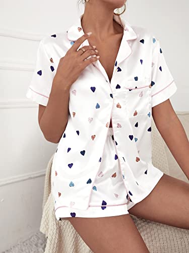 Verdusa Women's Satin Sleepwear Short Sleeve Shirt and Shorts Pajama Set White Heart XL