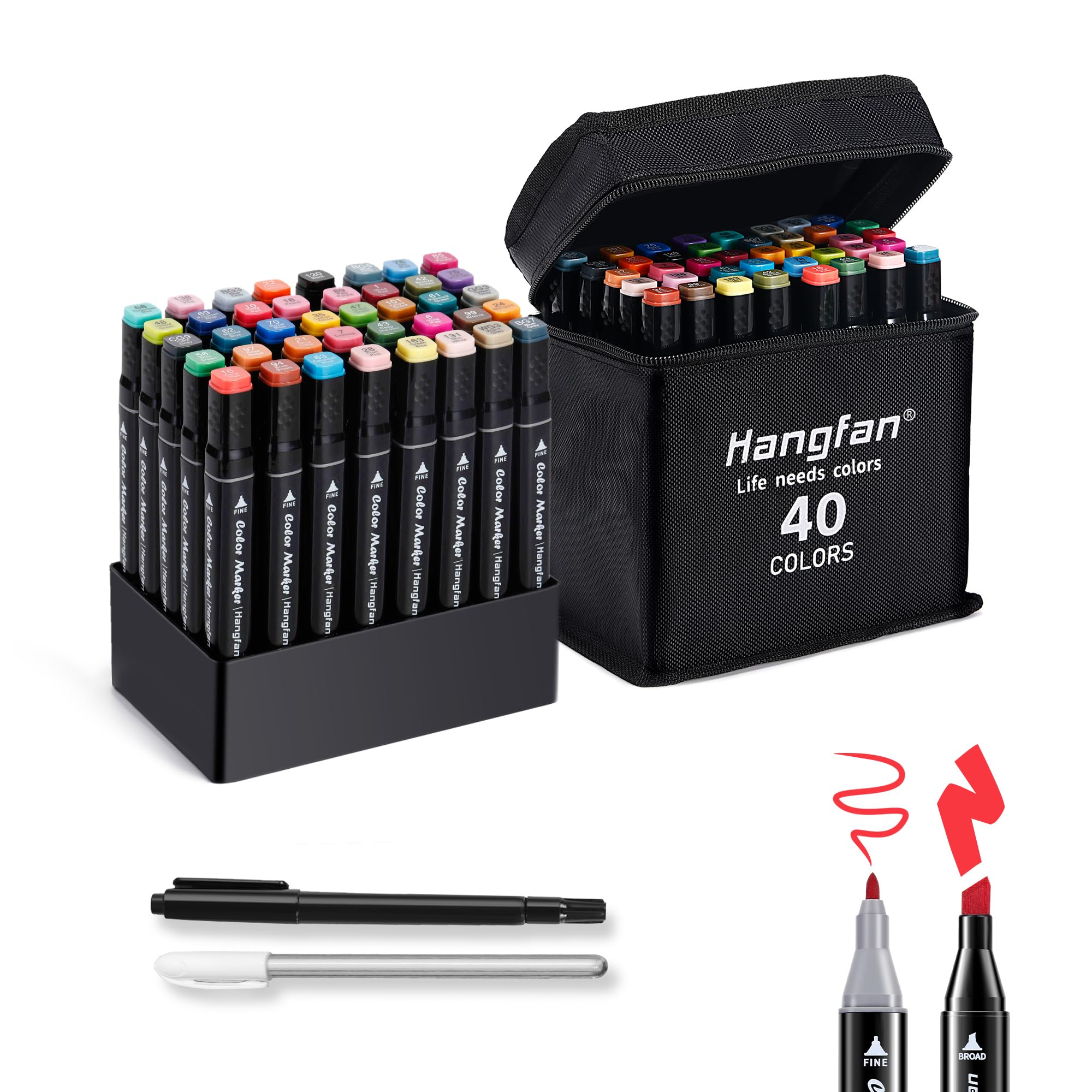 hangfan Alcohol Based Ink Art Markers, 40 Colors Permanent Dual Broad&Fine Tip Markers Pen Set for Student Child Coloring Illustration Sketch Drawing Painting Card Making (Black)
