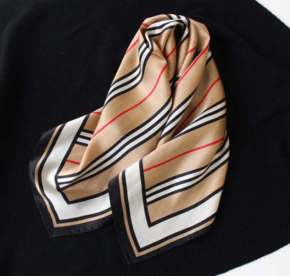 JERLA Women's Men's Small Square 100% Real Mulberry Silk satin Scarfs Hair head face scarf 21" x 21" (Stripe khaki)