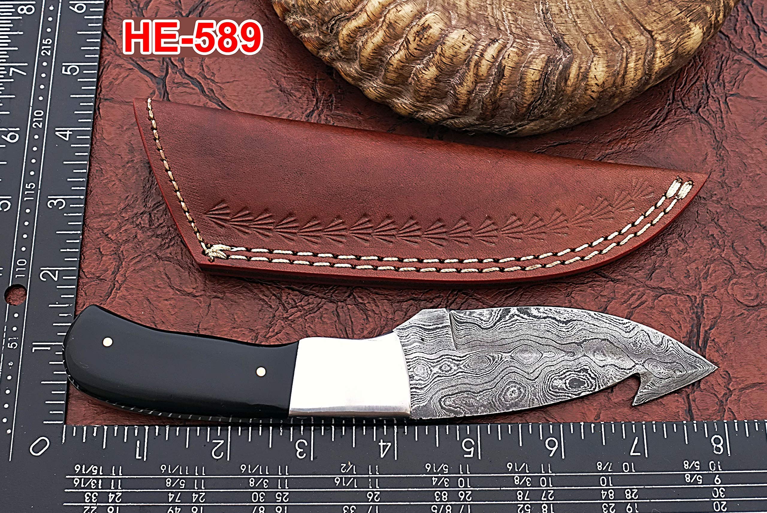 HUNTEX Handmade Hand-Forged Ladder Pattern Damascus Steel 8 Inch Long Full Tang Natural Buffalo Horn Handle Razor Sharp Hunting Camping Gut Hook Knife w/Genuine Leather Pouch