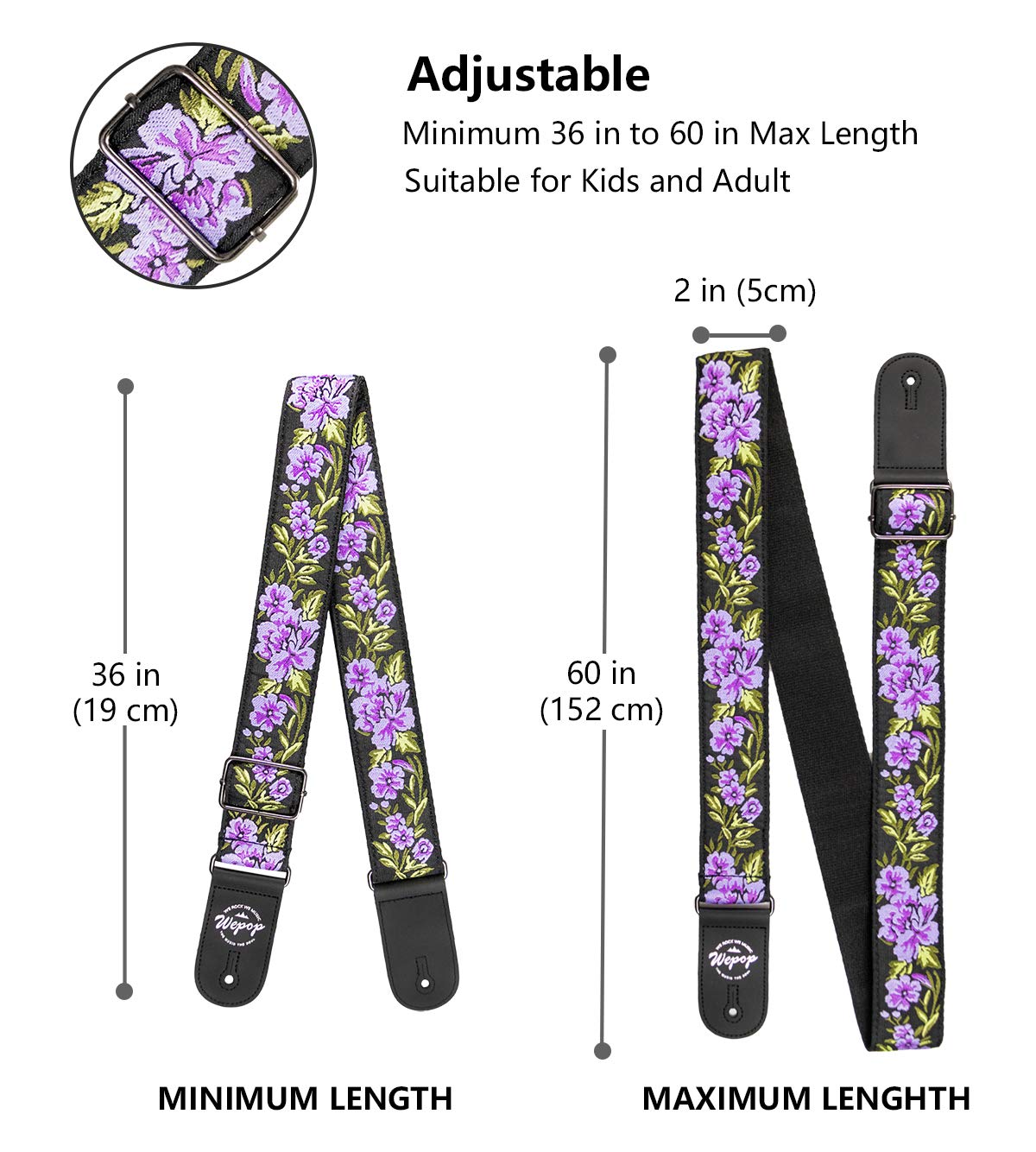 Guitar Strap Flower Rose Vintage Woven Style Leather Ends for Bass Electric Acoustic Guitar Accessories Picks(Purple)