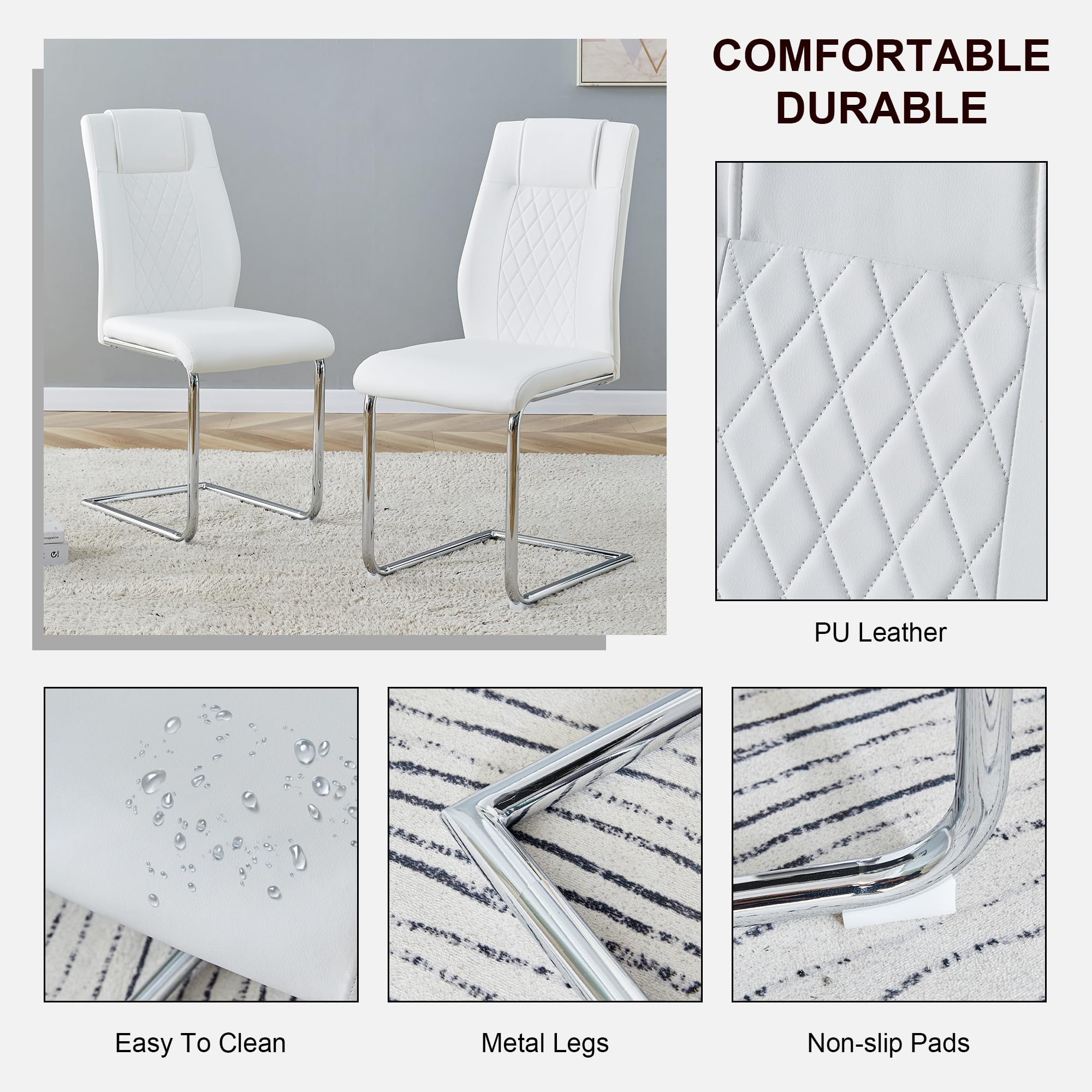 Ginxesh 63ββ Glass Dining Table Set for 4-6,7 Dining Table Set,Rectangular Tempered Glass Top Kitchen Table and 6 Faux Leather High Back Upholstered Dining Chairs (White, 6 Chairs)