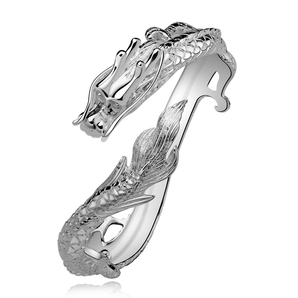 Goldenchen Fashion 925 Sterling Silver Antique Chinese Dragon Chic Lady Gentleman Bangle Bracelet