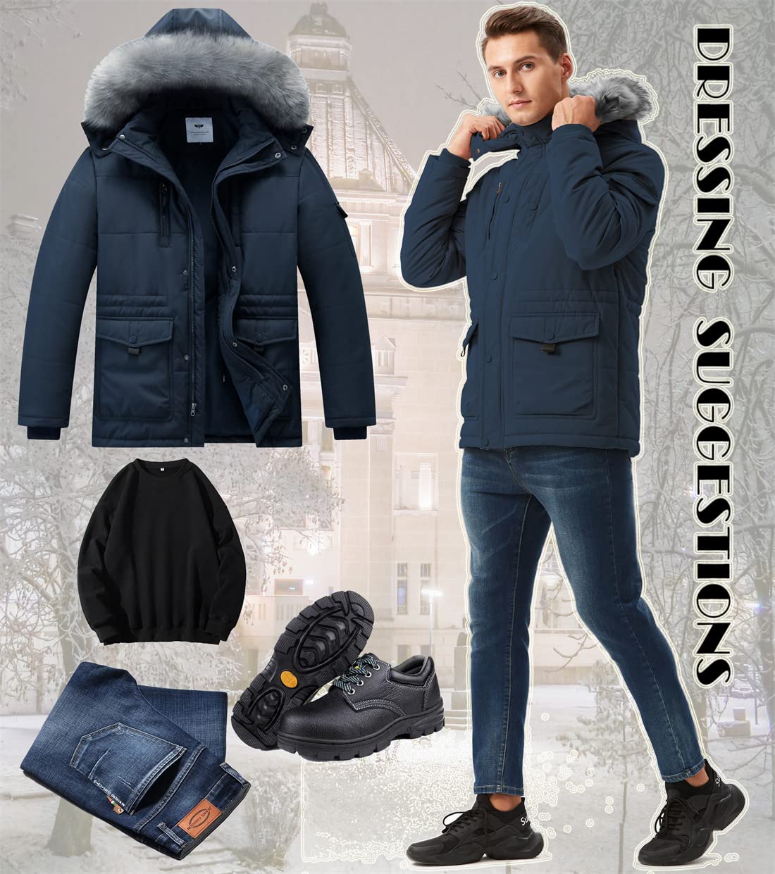 GGleaf Men's Winter Parka Jacket Hooded Thickened Padded Heavyweight Warm Coat with Detachable Fur Hood Navy XL