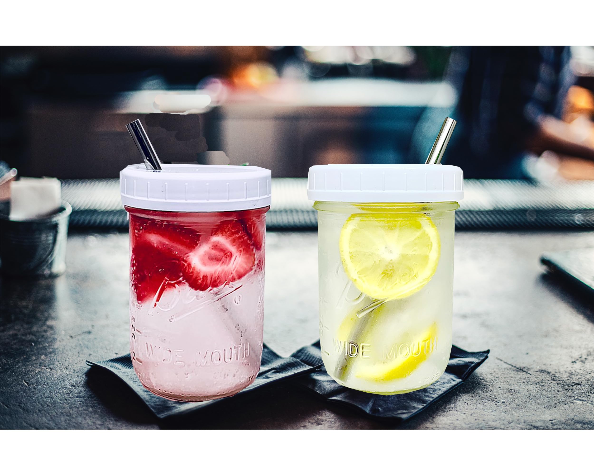 Jarming Collections Travel Glass Reusable Smoothie Cups with Lids and Straws - Glass Smoothie - Mason Jar with Lid and Straw, Freezer Safe Smoothie Wide Mouth Mason Jar Drinking Glasses, (2, 16oz)