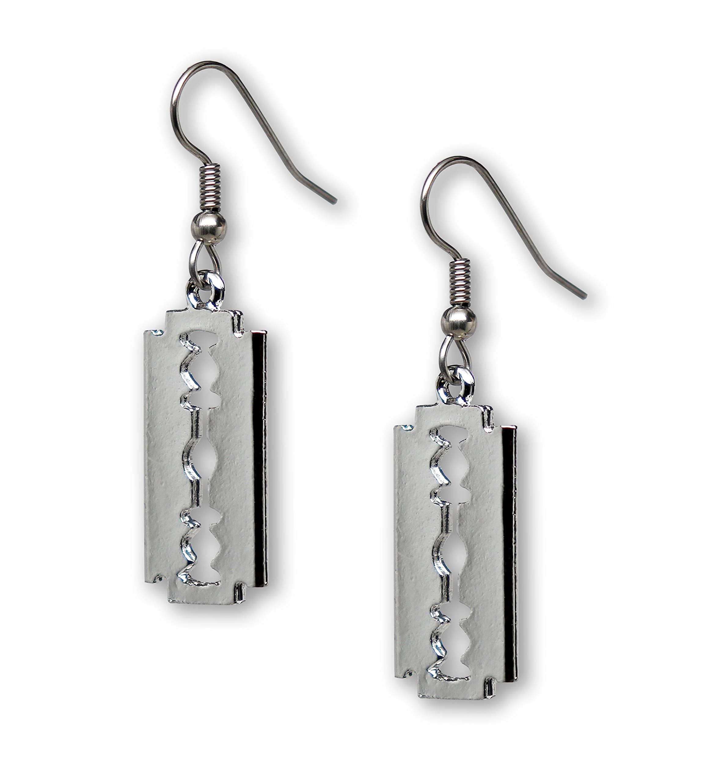 Gothic Razor Blade Dangle Earrings Polished Silver Finish Pewter