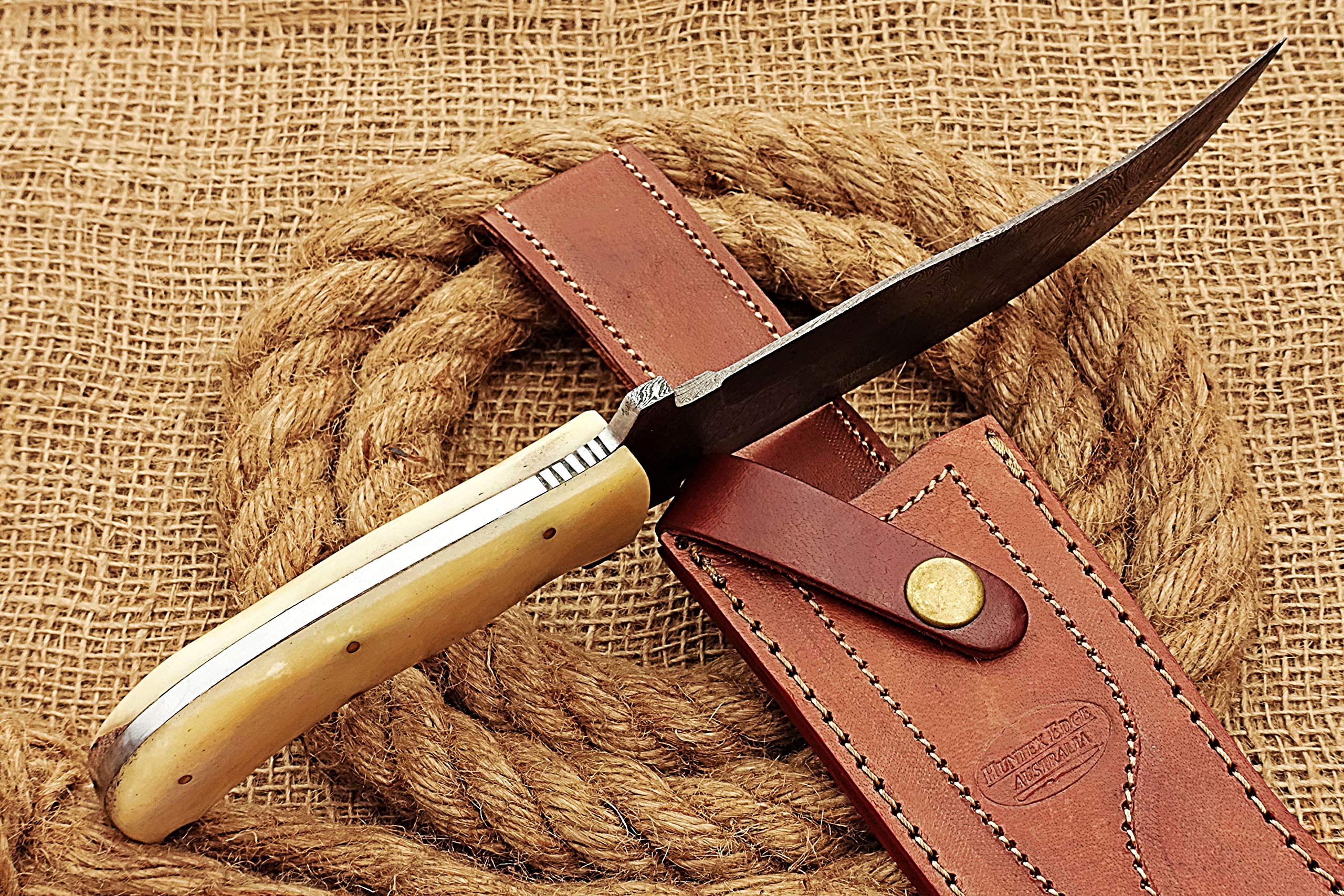 HUNTEX Handmade Hand-Forged Twist Pattern Damascus Steel 11 Inch Long Full Tang Camel Bone Handle Razor Sharp Hunting Camping Trail Knife w/Genuine Leather Sheath