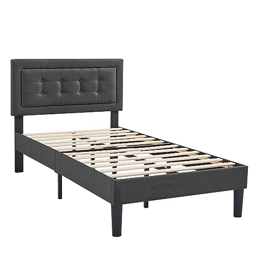 VECELO Twin Size Upholstered Bed Frame with Height Adjustable Fabric Headboard, Heavy-Duty Platform Bedframe/Mattress Foundation/Strong Wood Slat Support/No Box Spring Needed, Grey