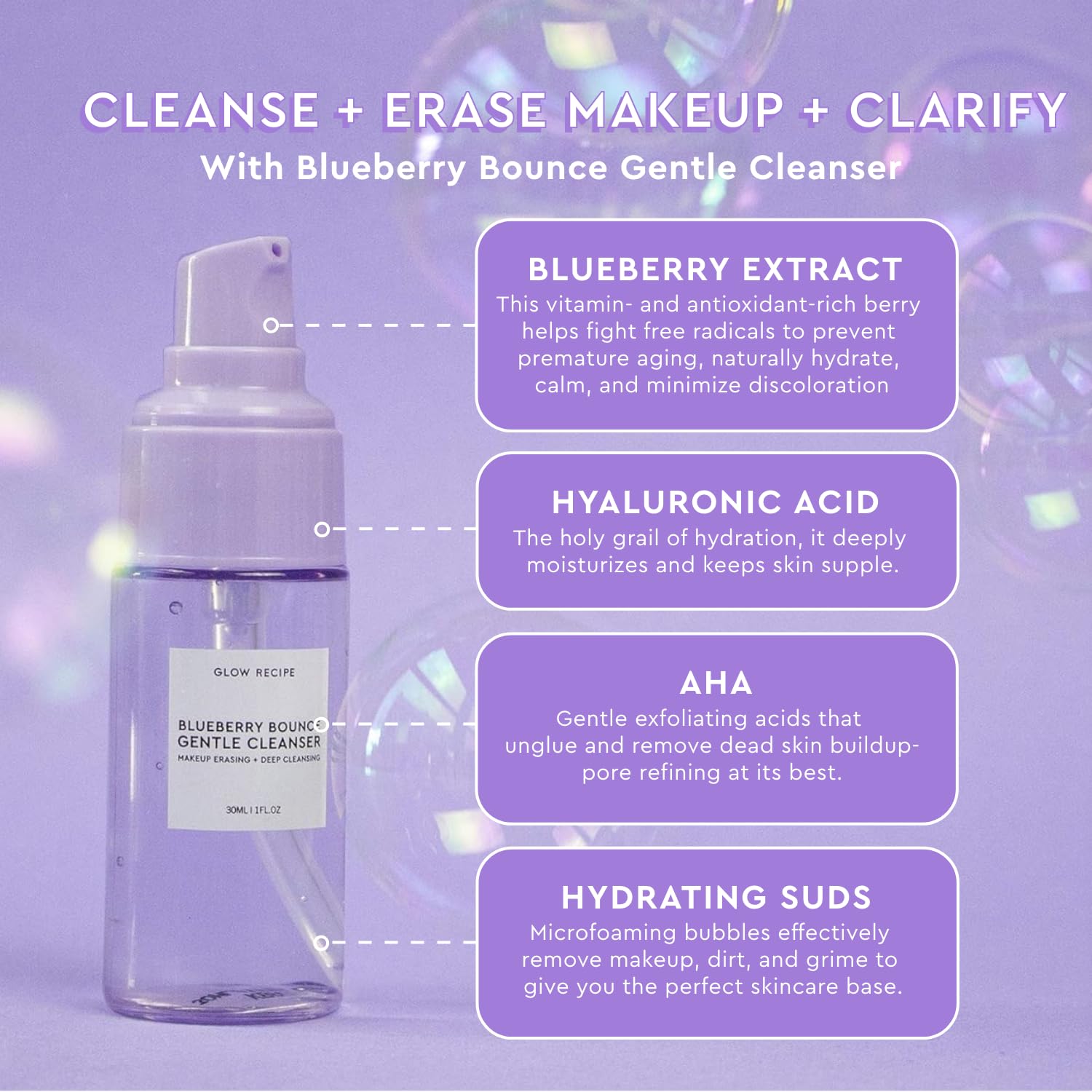 Glow Recipe Blueberry Bounce Gentle Face Cleanser Travel Size - 3-in-1 Foaming Double Cleanser, Makeup Remover & Clarifying Mask - Hydrating Hyaluronic Acid, Blueberry Extract & Exfoliating AHA (30ml)