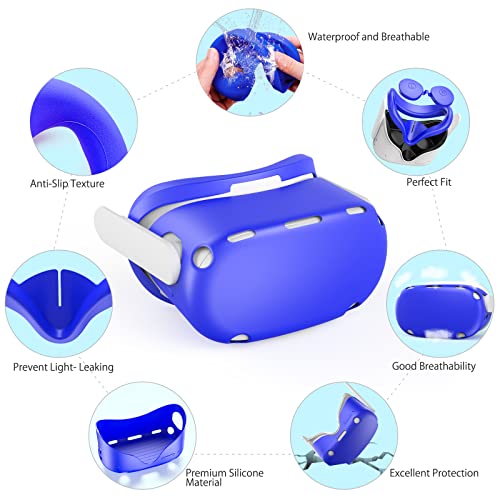 HUIUKE Touch Controller Grip Cover for Quest 2 with VR Shell Cover, Silicone VR Face Cover Pad and Lens Cover, 4 in 1 Silicone Cover Set for Quest 2 Accessories (Blue)