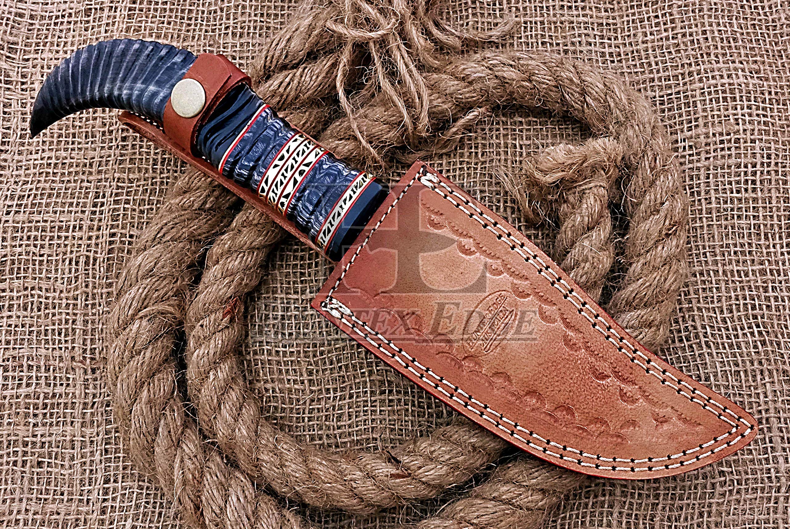 HUNTEX Unique Custom Handmade Hand Forged Ladder Pattern Damascus Steel 12.5 Inch Long Full Tang Buffalo Horn Handle Razor Sharp Hunting Camping Hunter's Gut Hook Knife with Genuine Leather Sheath