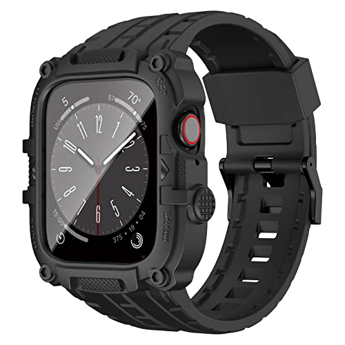 YALOCEA Compatible with Apple Watch Band 44mm with Case Built-in Screen Protector, Rugged Shockproof Strap Bumper Cover with Tempered Glass Screen Protector for iWatch Series 6/SE2/SE/5/4, Matte Black