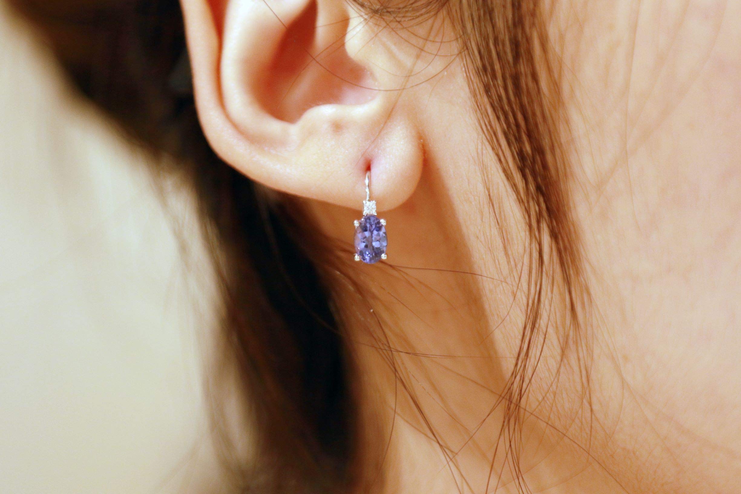 Gin & Grace 10K White Gold Natural Diamond (I1,I2) & Genuine Tanzanite Lever Back Earring for Women