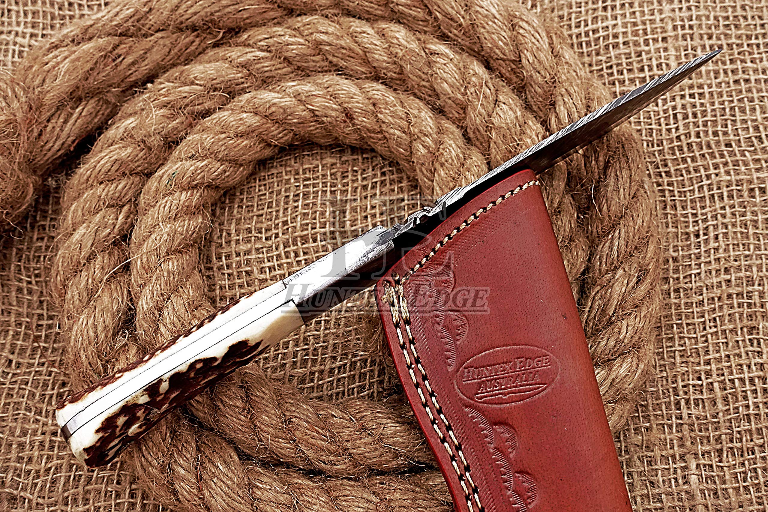 HUNTEX Unique Custom Handmade Hand-Forged Flame Pattern Damascus Steel 9 Inch Long Full Tang Deer Antler Handle Razor Sharp Hunting Camping Knife with Genuine Leather Sheath