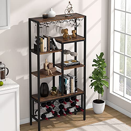 Tribesigns Wine Rack Freestanding Floor,Vintage Tall Wine Bar Cabinet with Storage,Wooden Alcohol Shelf with Bottle Holder,Brown