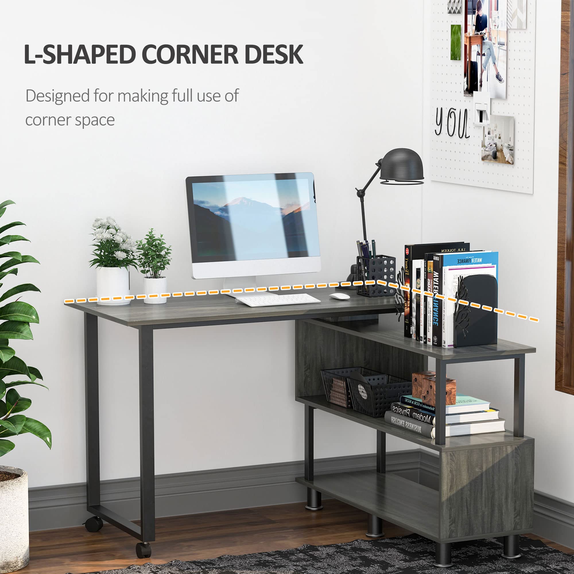 HOMCOM Mobile L-Shaped Rotating Computer Desk with Storage Shelves Moveable Rolling Writing Table Home Office Study Workstation for Home Office, Grey