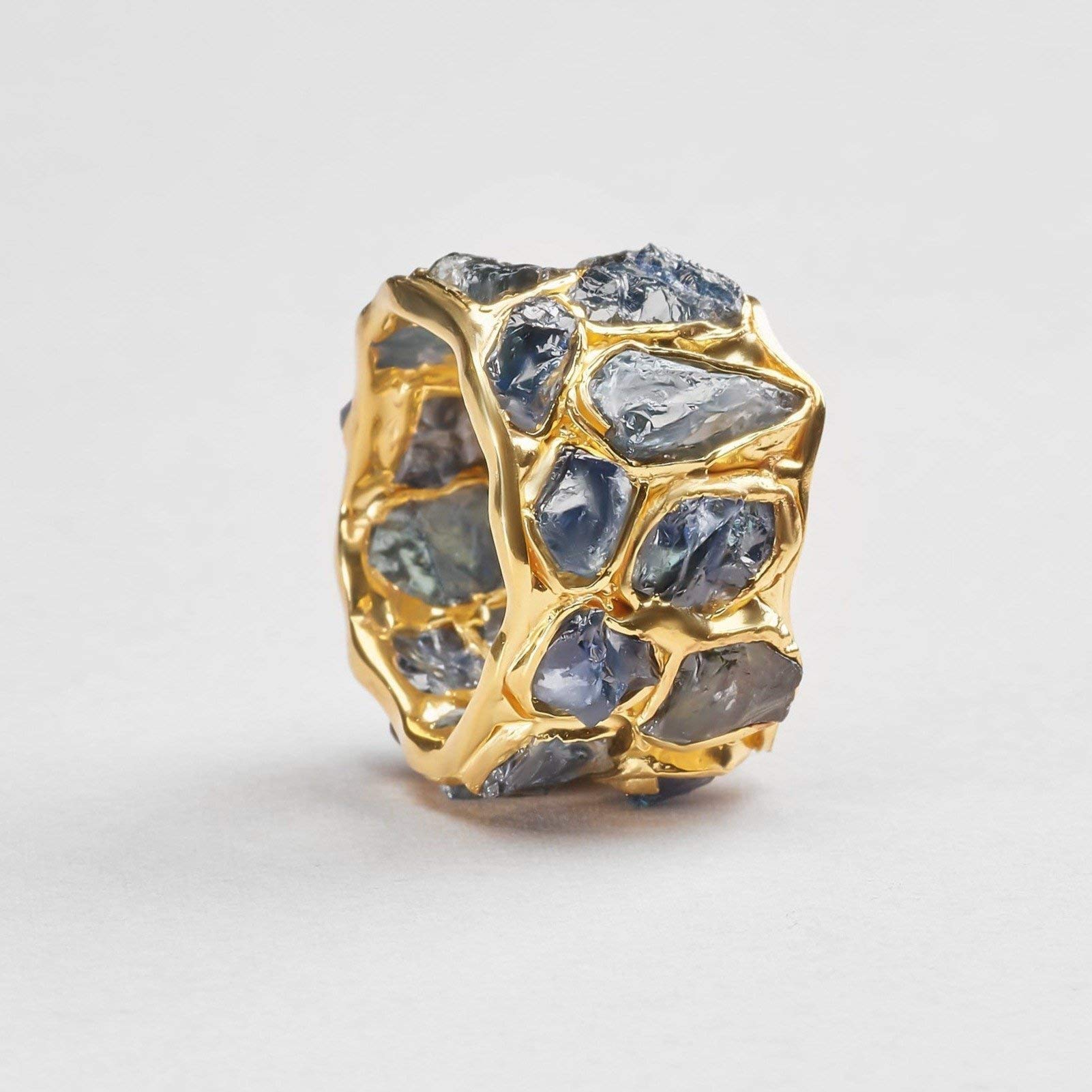 german kabirski 16 Carat Blue Sapphire Handmade Barrel Ring in 925 Sterling Silver with Gold Plating Size 8