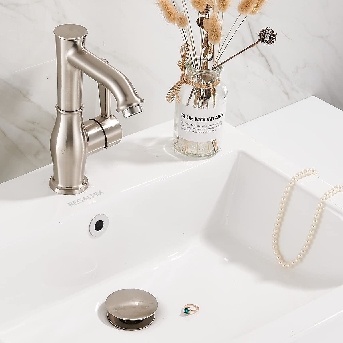 Vessel Sink Drain,Bathroom Pop-up Drain with Detachable Basket Stopper, Anti-Explosion and Anti-Clogging Drain Strainer, Sink Drain Assembly with Overflow Brushed Nickel, REGALMIX RWF083J