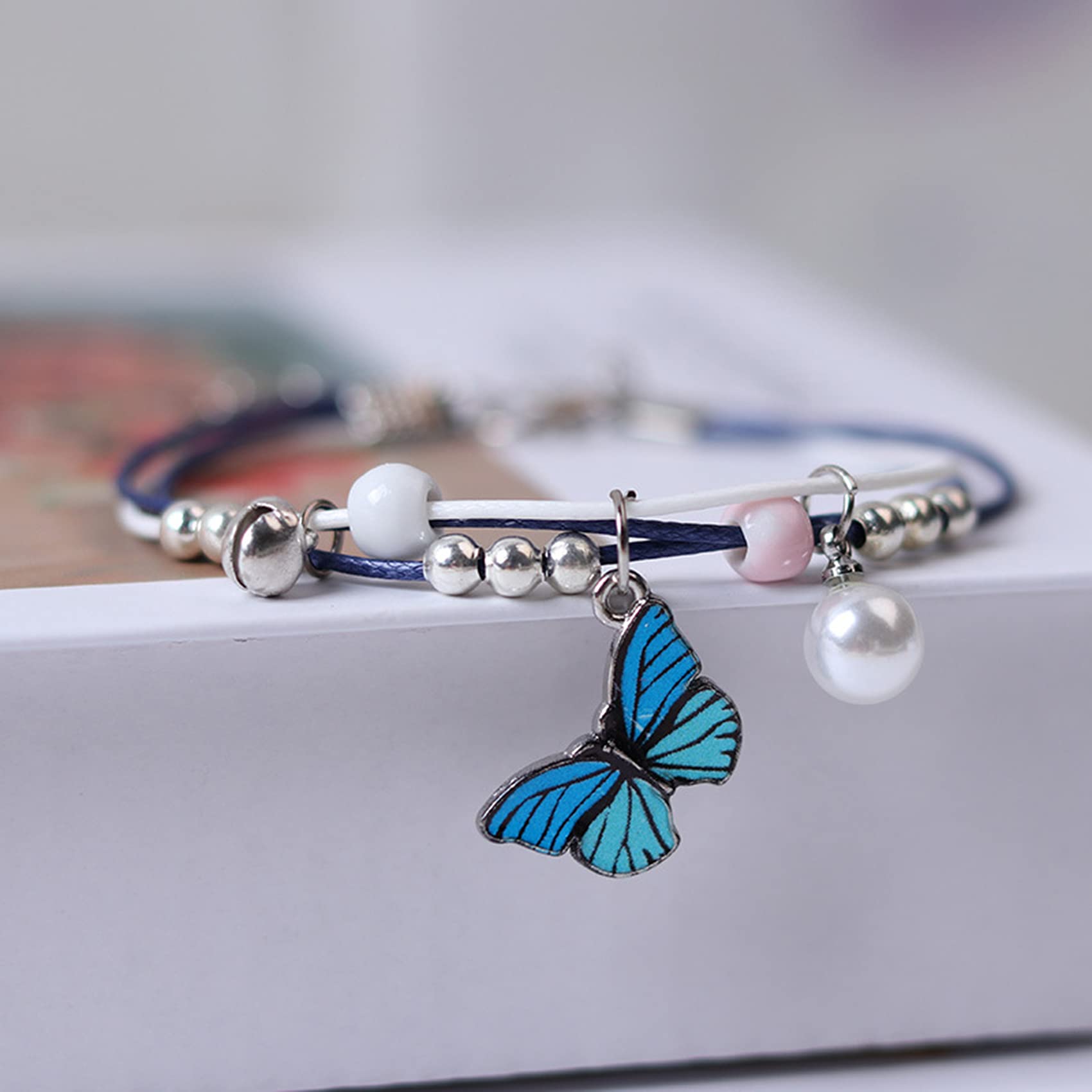 Journey Studio Multilayer Butterfly Bracelet Bohemian Leather Bracelets Adjustable Beaded Wrap Cuff Bangles for Women Butterfly Lovers,Blue, 18cm