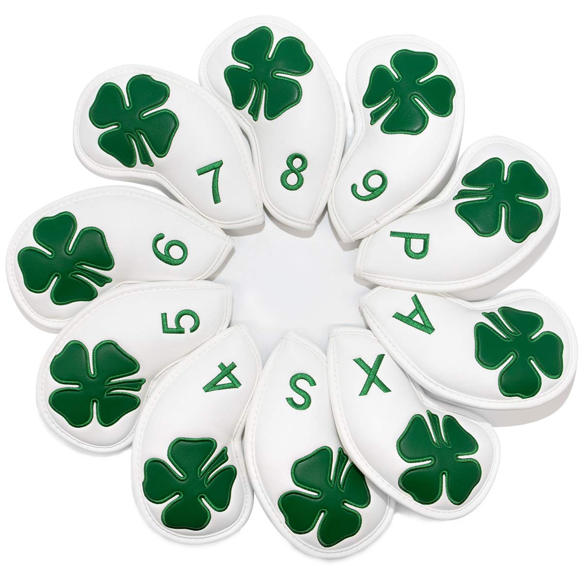 Golf Iron Covers,Golf Iron Head Covers Leather Golf Iron Covers Set 10pcs Golf Iron Headcovers,Lucky Clover Golf Club Head Covers for Iron with Magic Tape Fit All Brands Titleist,Callaway,Ping (White)