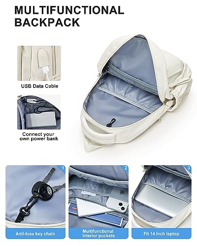 Small Backpack For School Girls Boys Aesthetic Lightweight Travel Daypack Simple Cute Backpack For Women Men Waterproof College High School Bookbag Fit 14 Inch Laptop With USB charging port,Beige