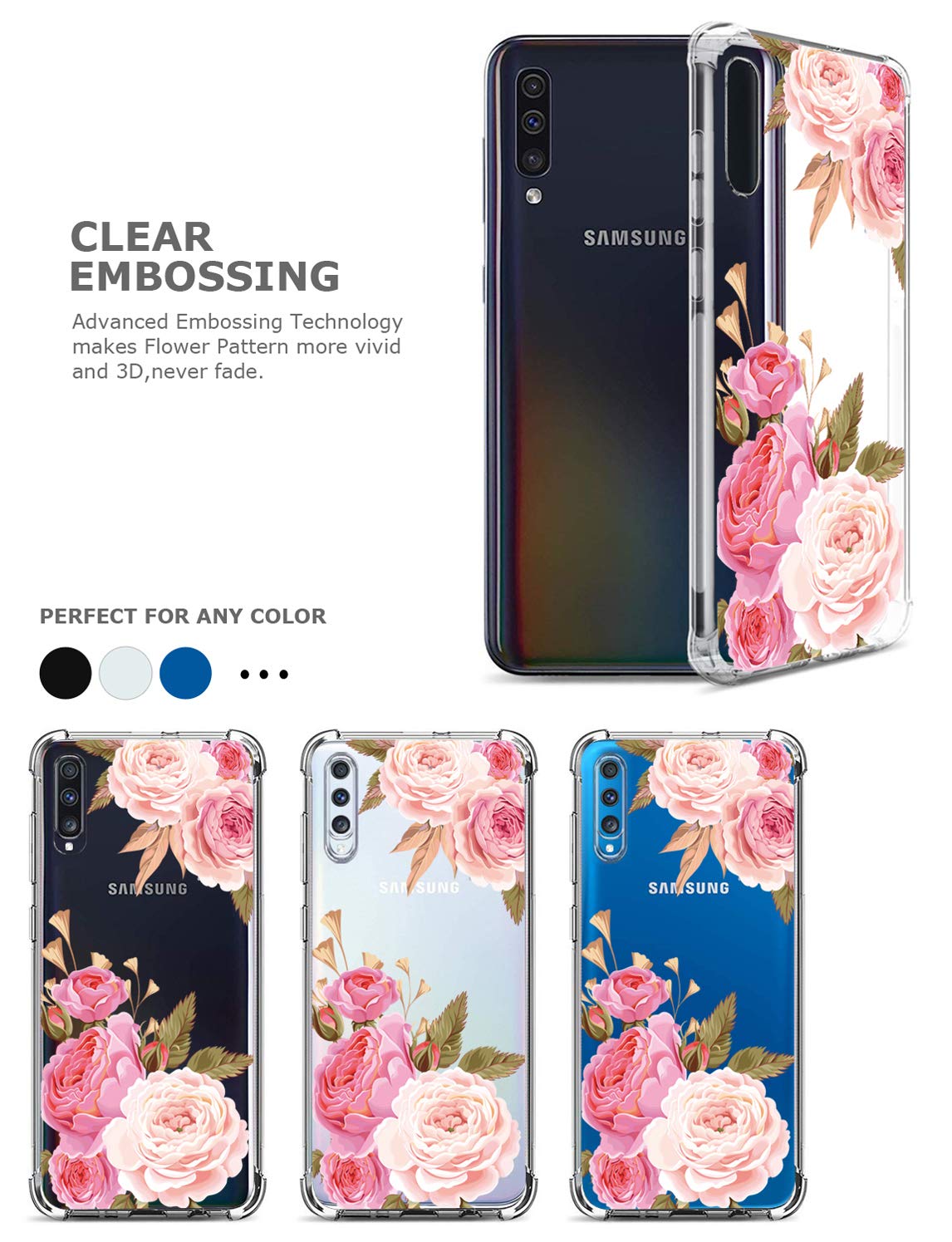 GREATRULY Floral Clear Case for Galaxy A50 for Women Girls,Pretty Phone Case for Samsung Galaxy A50 (2019),Flower Design Transparent Slim Soft Drop Proof TPU Bumper Cushion Silicone Cover Shell,FL-K