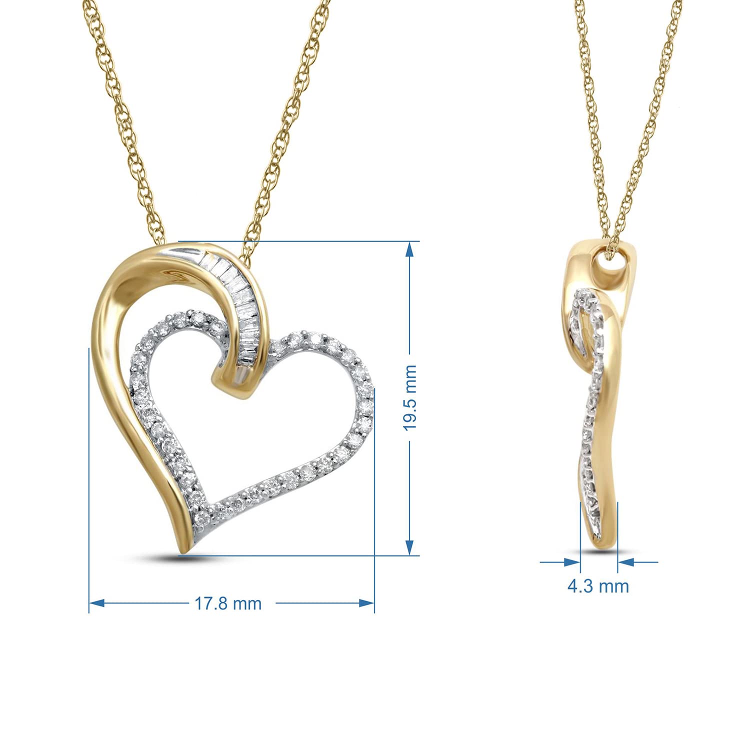 Jewelili 10K Yellow Gold 1/4 Cttw Natural White Baguette and Round Diamond Heart Pendant Necklace, 18" Rope Chain