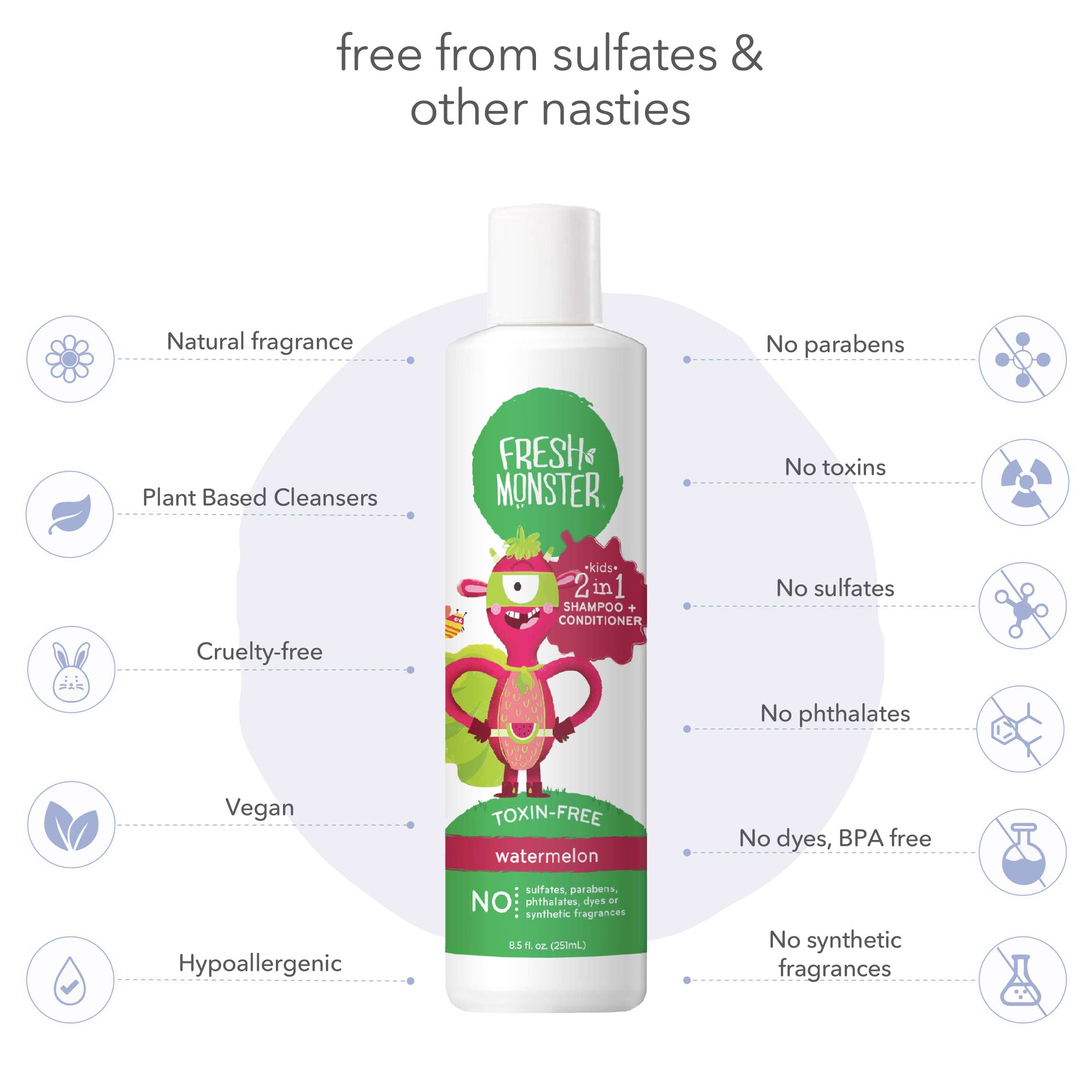 Fresh Monster 2-in-1 Kids Shampoo & Conditioner, Toxin-Free, Hypoallergenic, Tear-free Shampoo & Conditioner for Kids, Watermelon (2 Pack, 8.5oz/each)